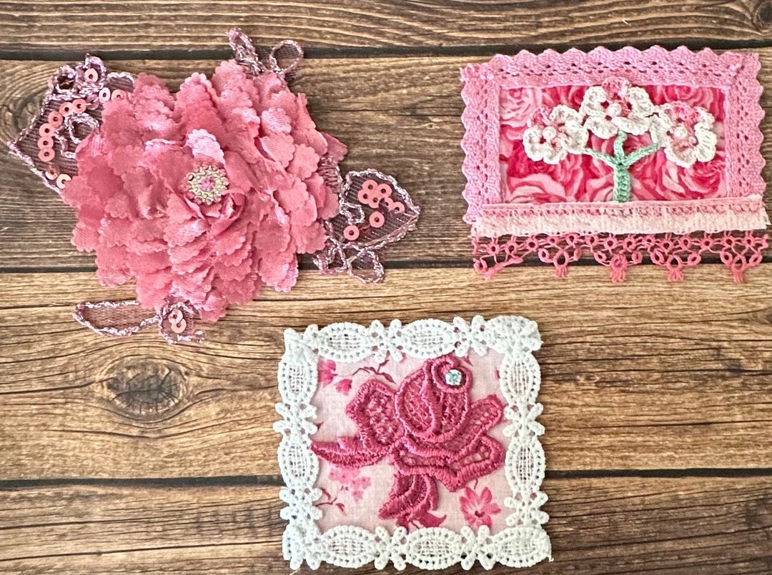 Cottage Chic Pink Flower and Fabric Collage Clusters With Beaded and ...