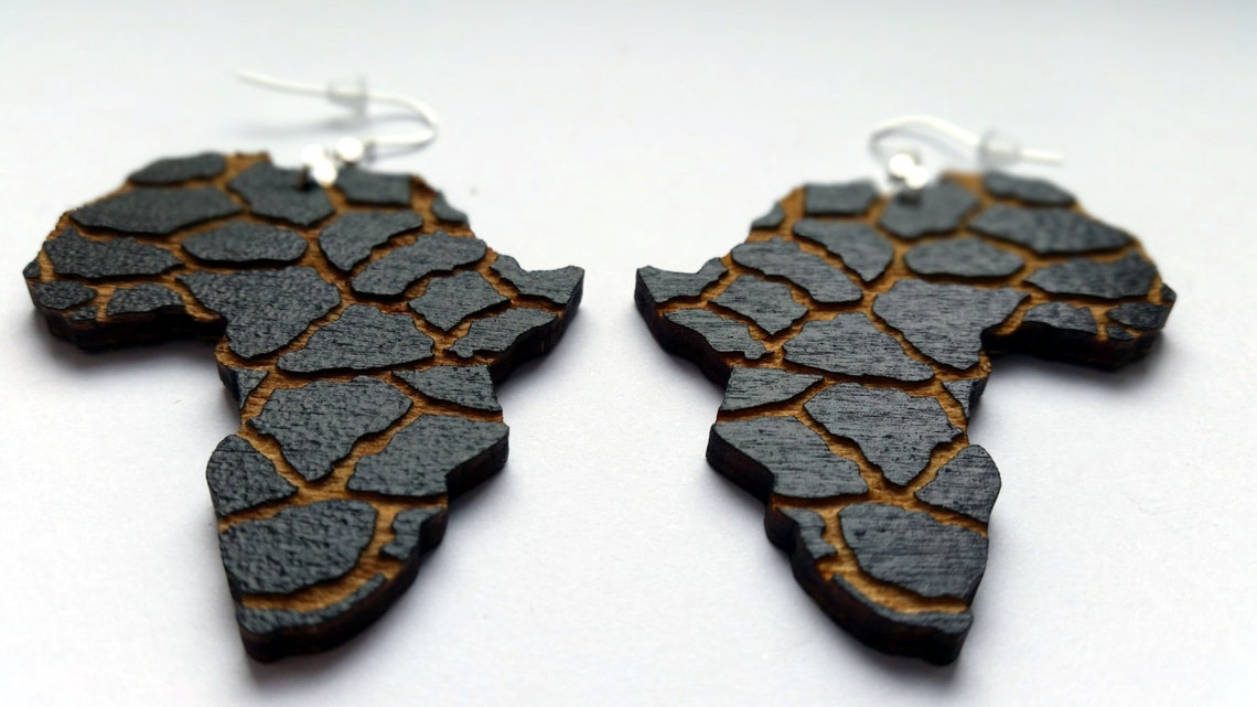 Africa Wooden Earrings Black With Animal Print African Map - Etsy