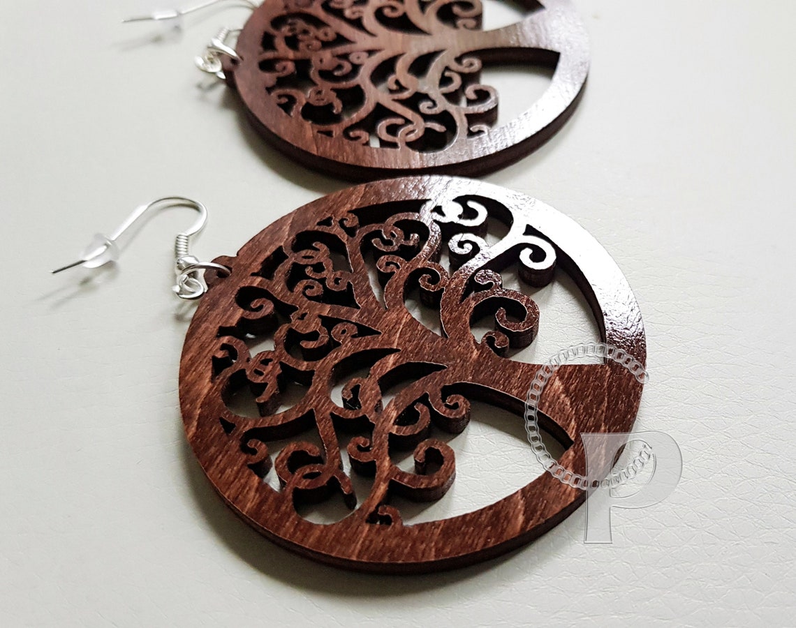 Tree of Life Natural Wooden Earrings Large Sizes Gold Silver Red Black ...