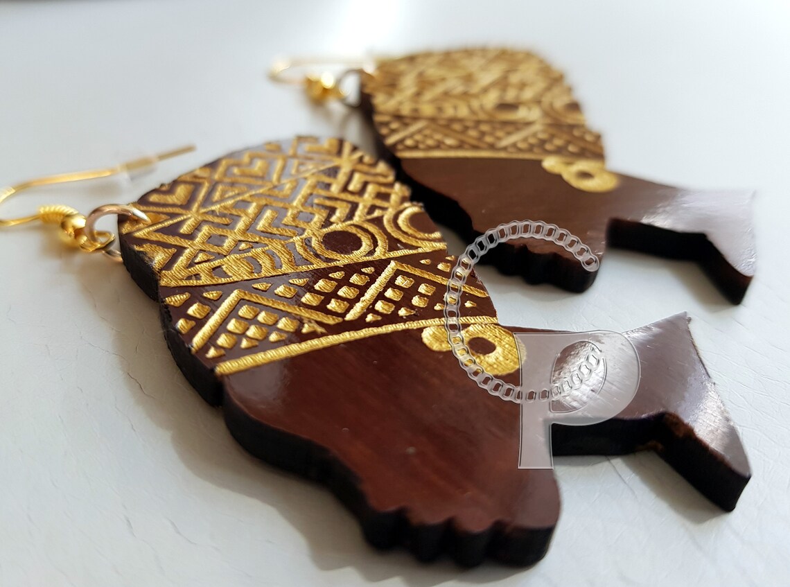 African Woman Queen Head Wrap Silhouette Wooden Engraved Wood Earrings ...
