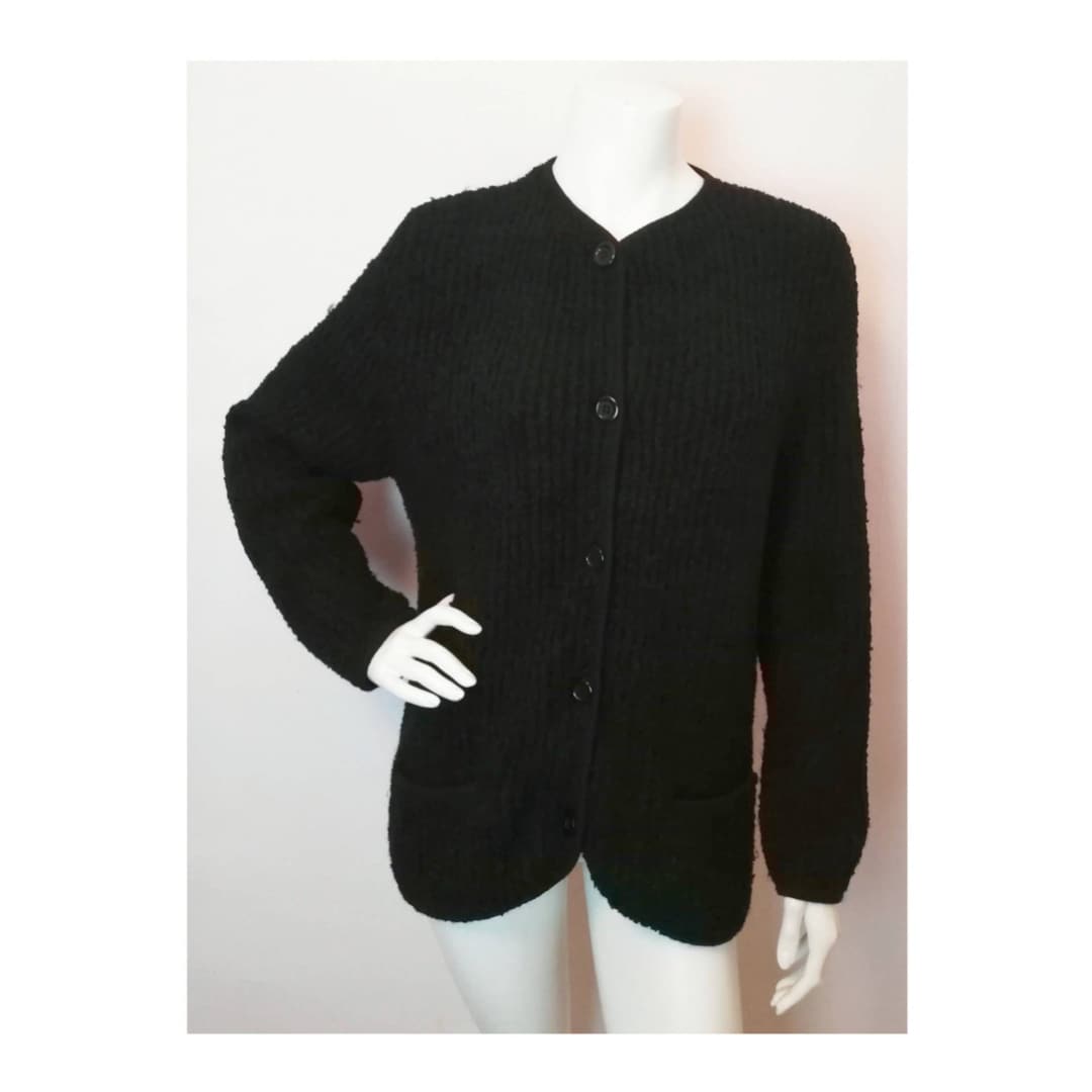 Vintage 80s Knitted Cardigan // Shoulder Pads // Curly Knit // Fuzzy ...