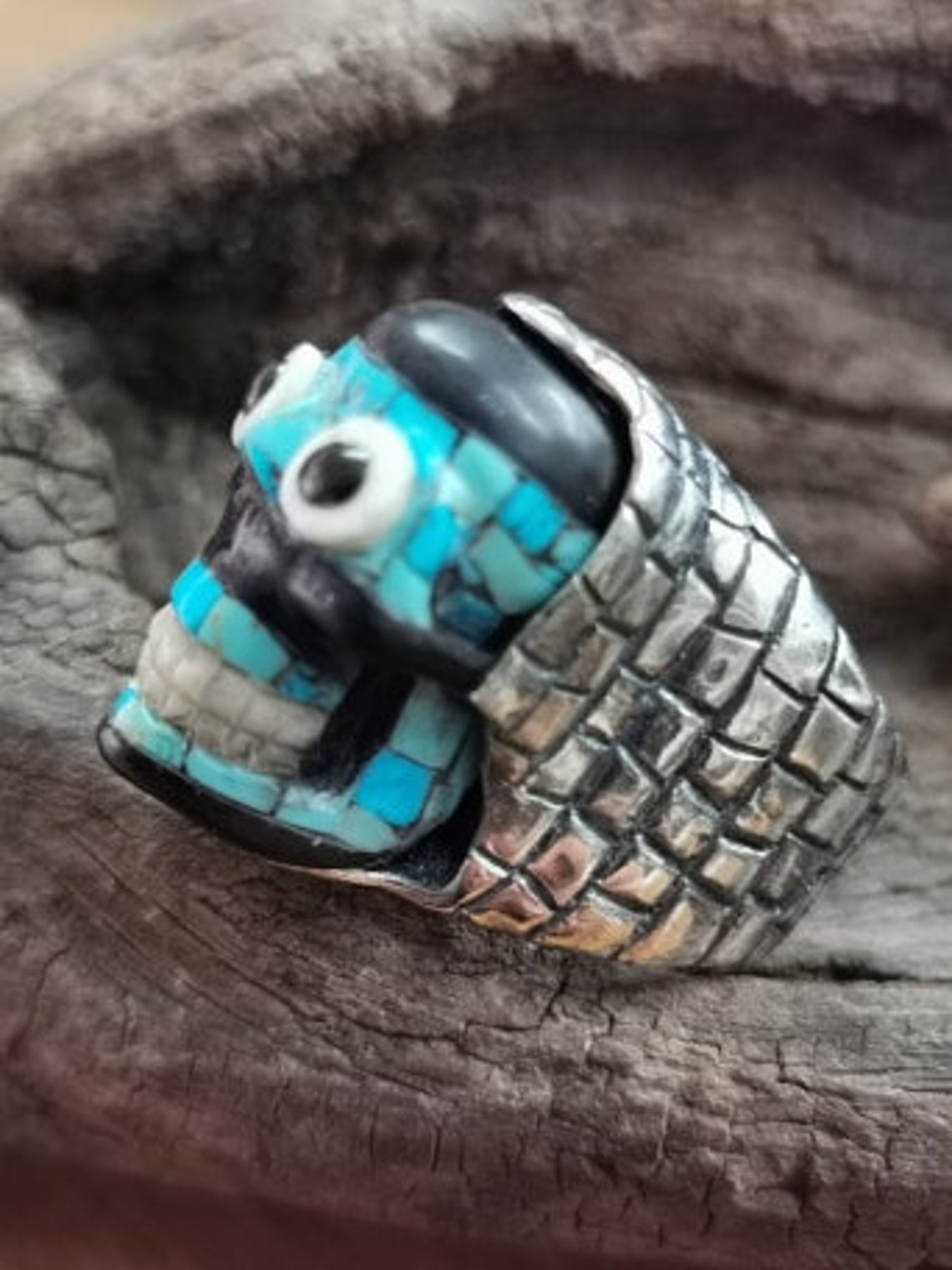Tezcaltipoca Obsidiane and Turqoise Carving Ring Silver .925 - Etsy