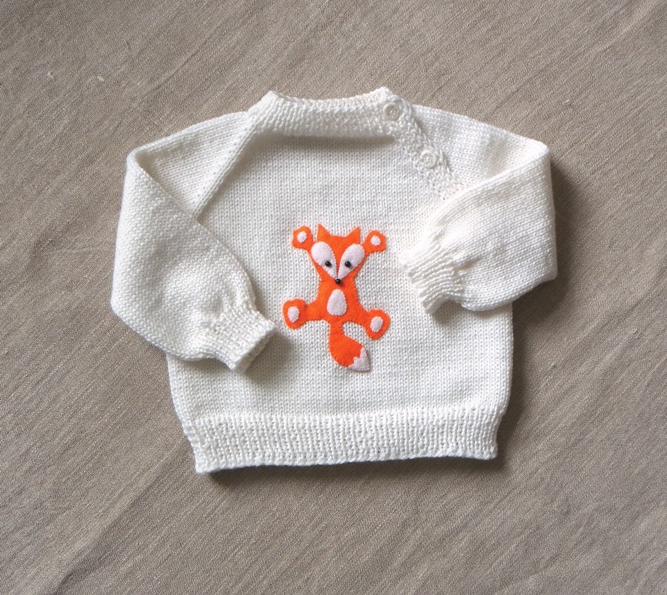Fox sweater white merino wool baby sweater with fox design | Etsy