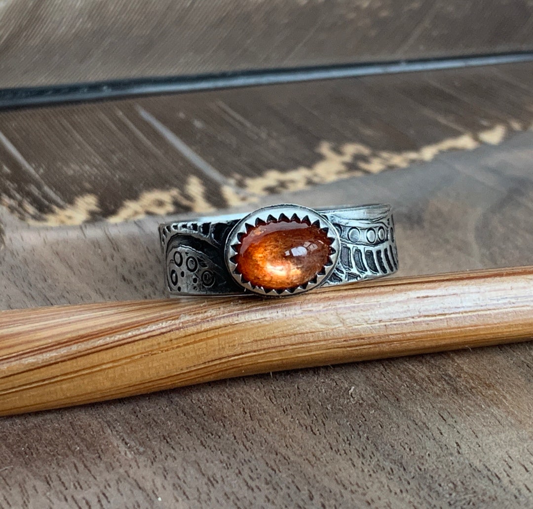 Sunstone Pattern Textured Band Ring, Vivid Orange Sunstone, Sterling ...
