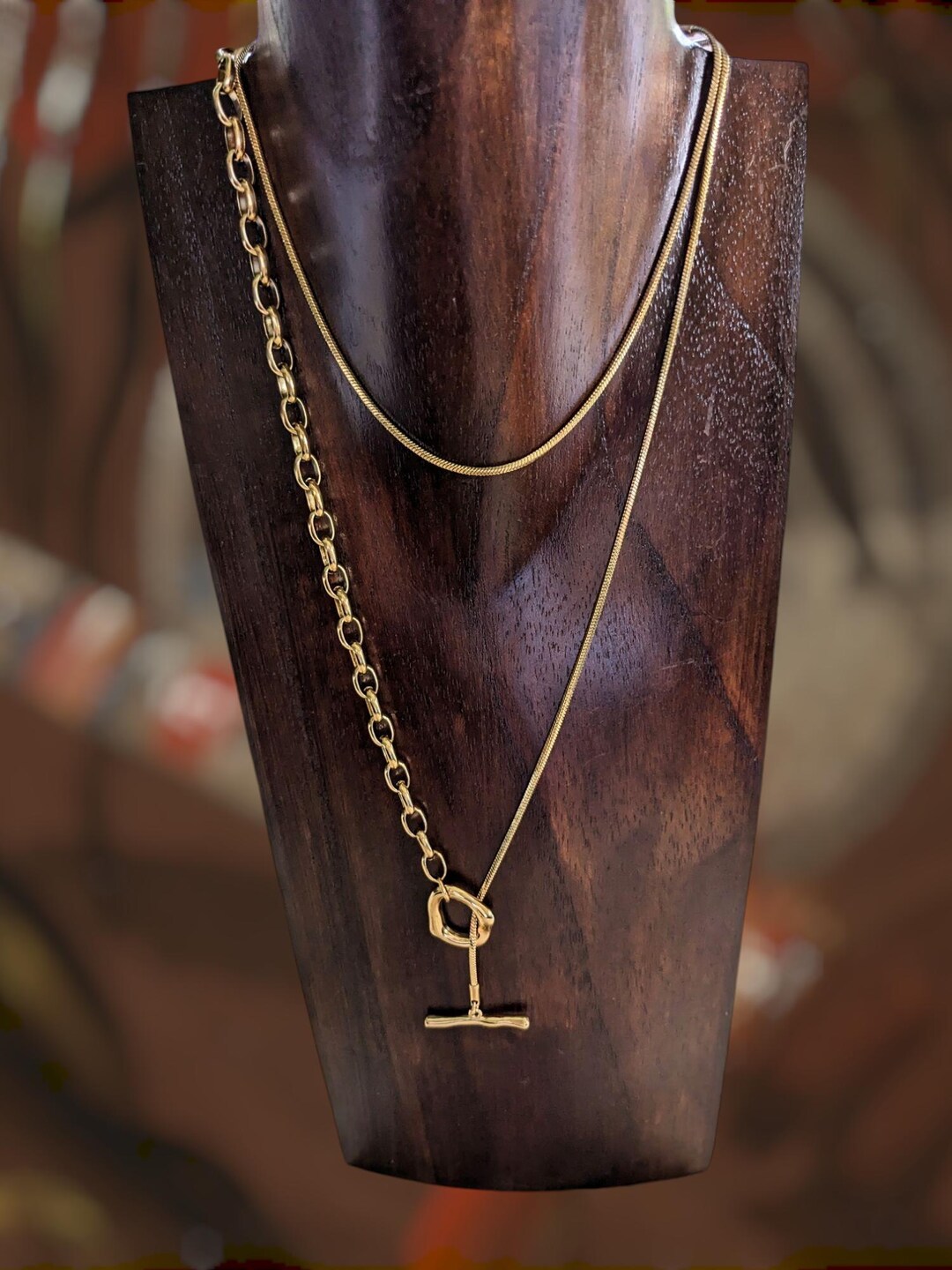 Gold Lariat Toggle Spinner Necklace, Gold Chunky Toggle T Bar Necklace ...