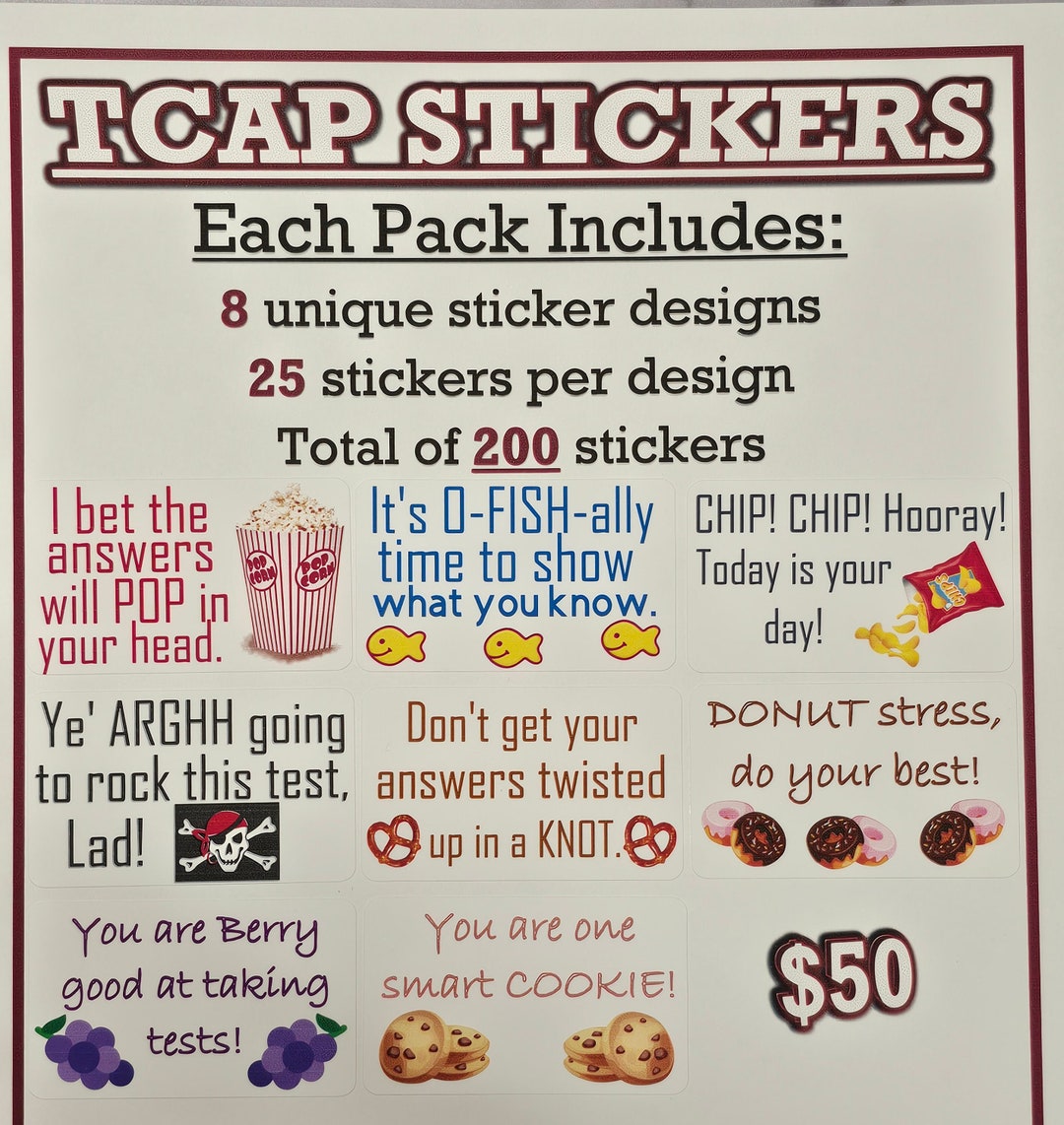 TCAP Testing Stickers, 200 Qty Stickers, 8 Unique Designs, 25 Stickers ...