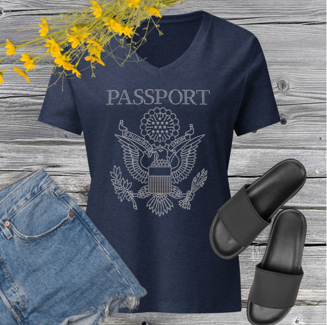 PASSPORT Stamp Rhinestone or Foil Design, T-shirt, (ladies V-neck ...