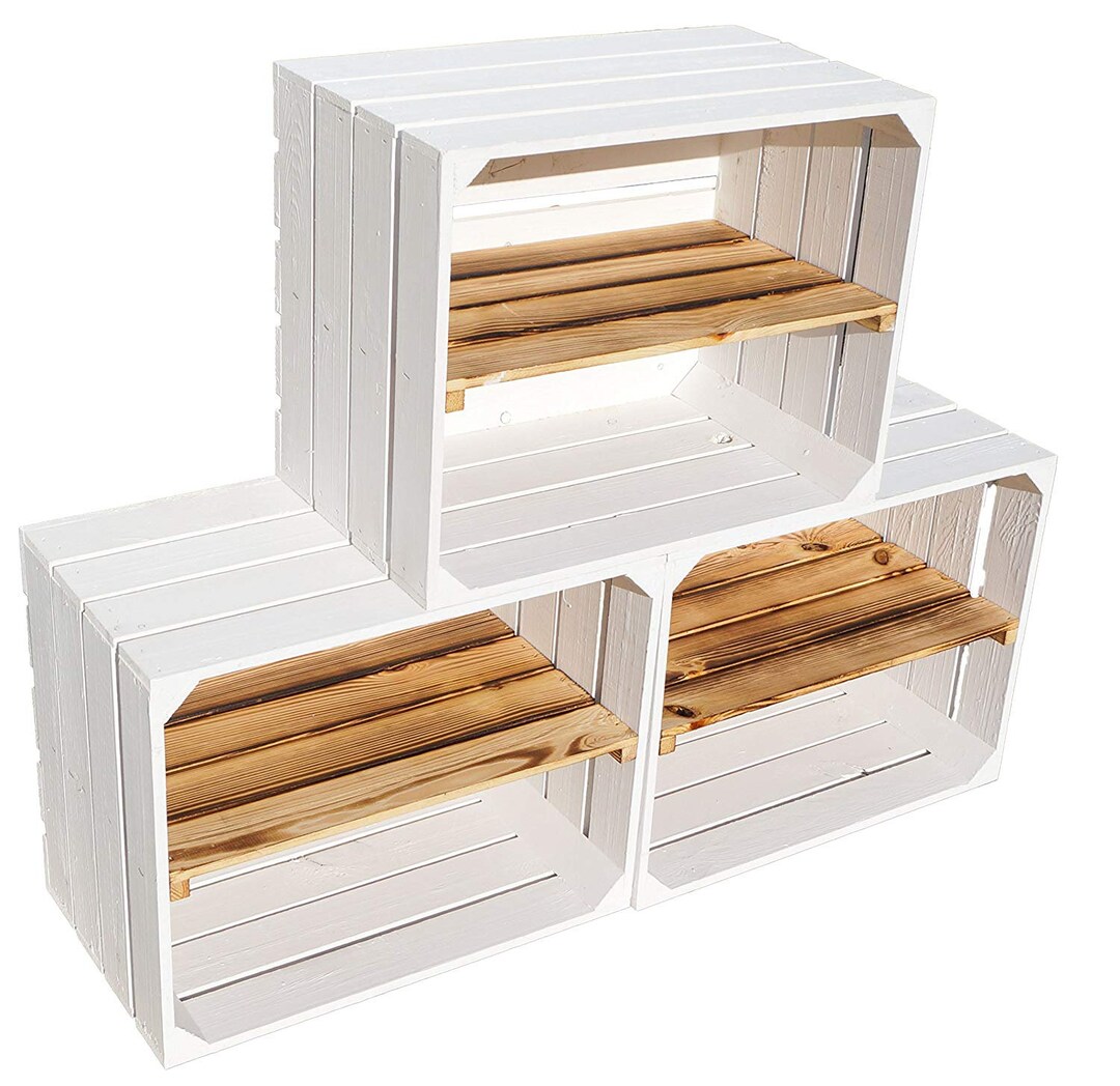 3 X White Painted Crate With LONG Burnt Wood Shelf - Wooden Apple ...