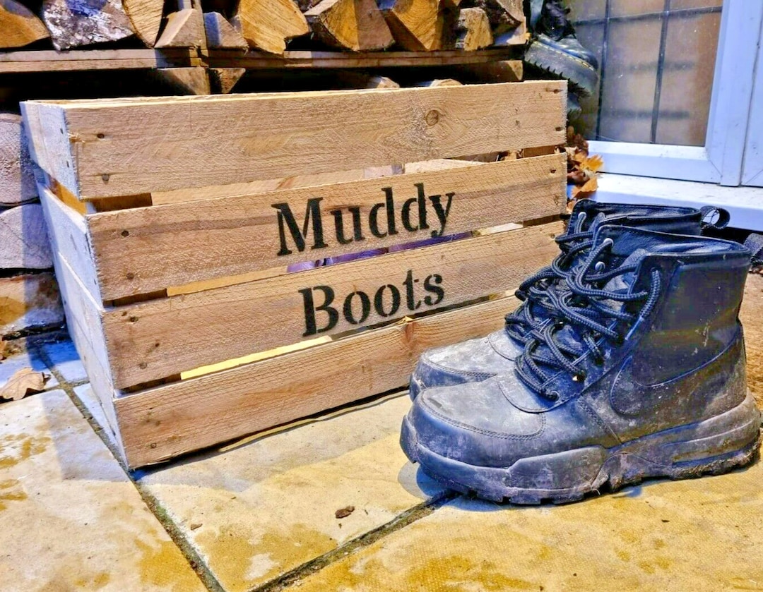 Boots & Shoe Storage - Vintage Apple Crate Wooden Handmade MUDDY BOOTS ...