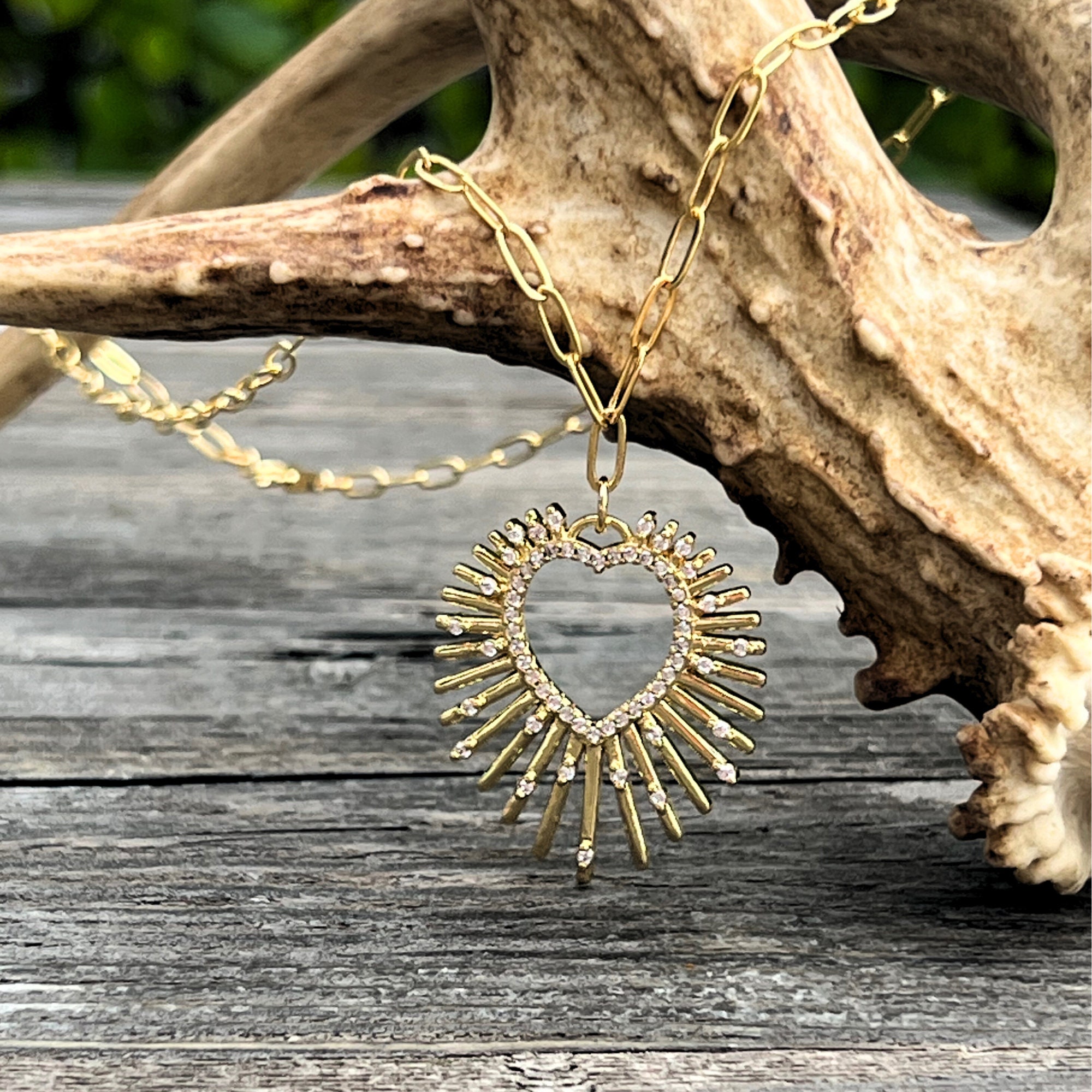 CZ Heart Sun Ray Spiked Sunburst Pendant on Gold Plated Paperclip Chain ...