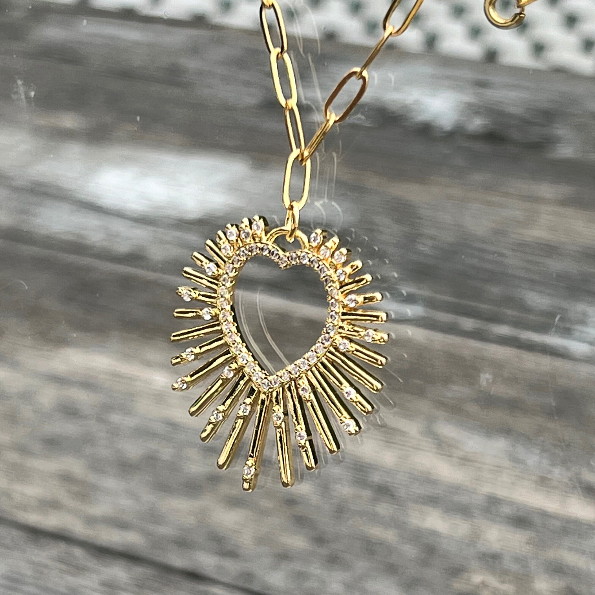 CZ Heart Sun Ray Spiked Sunburst Pendant on Gold Plated Paperclip Chain ...