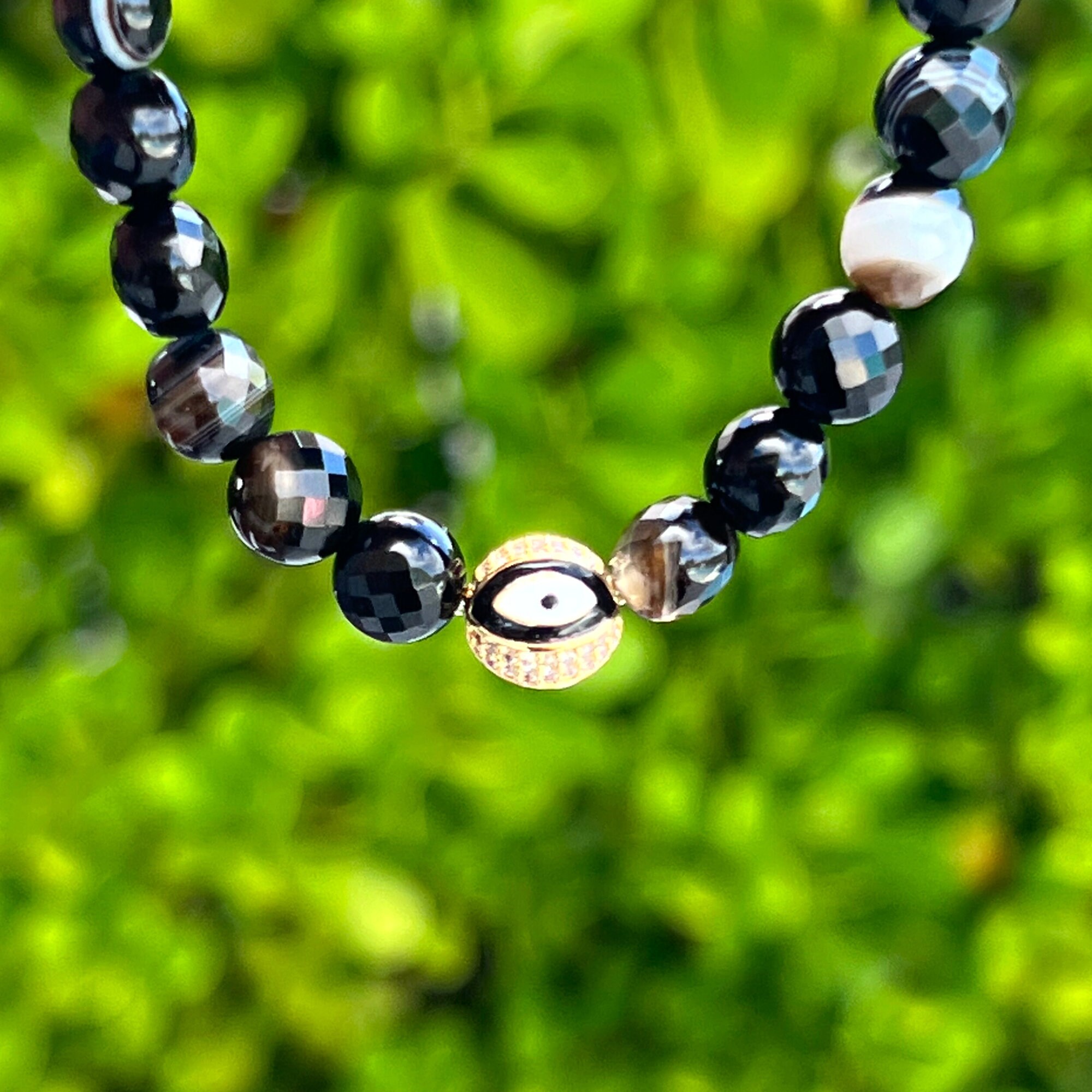 Pave Evil Eye Bead on a Dyed Tuxedo Agate Beaded Bracelet - Etsy