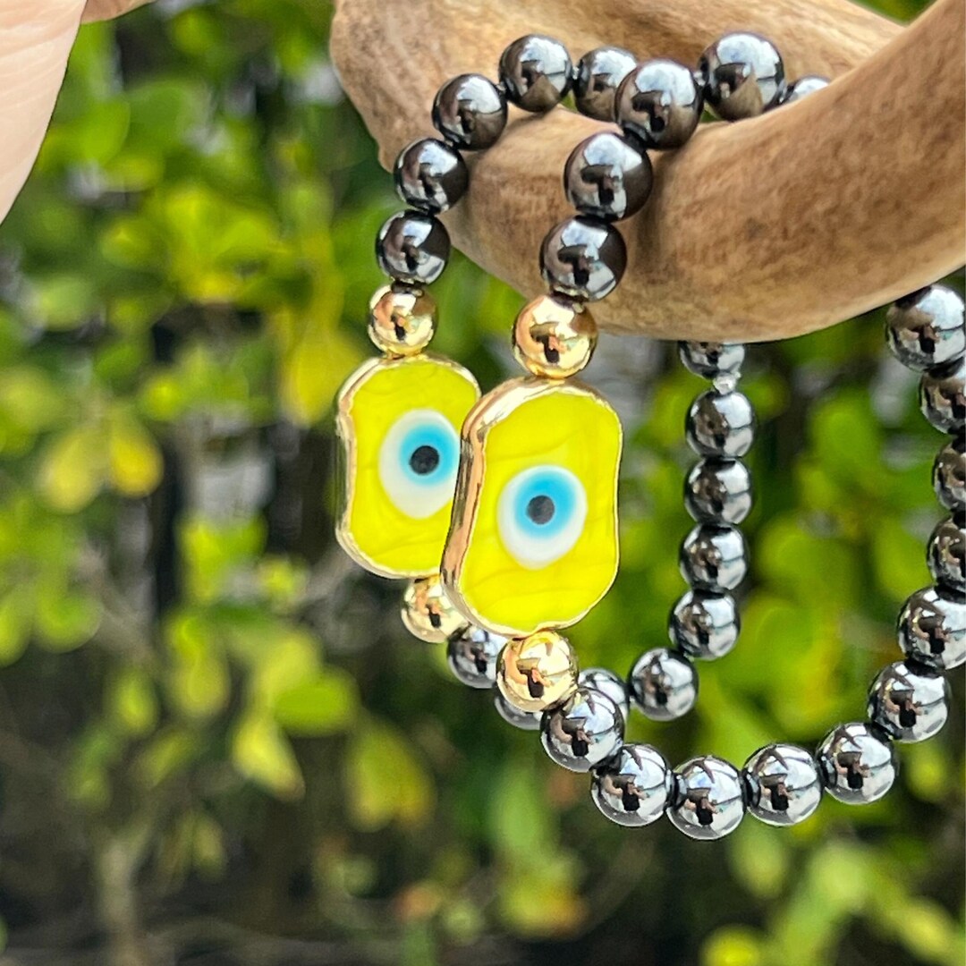 Yellow IMPERFECT Murano Glass Evil Eye Gold Plated Bead on Hematite ...