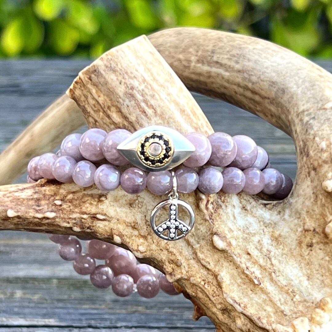 CZ Evil Eye and Peace Sign Bracelet Set on Dyed Purple Quartz Beads - Etsy