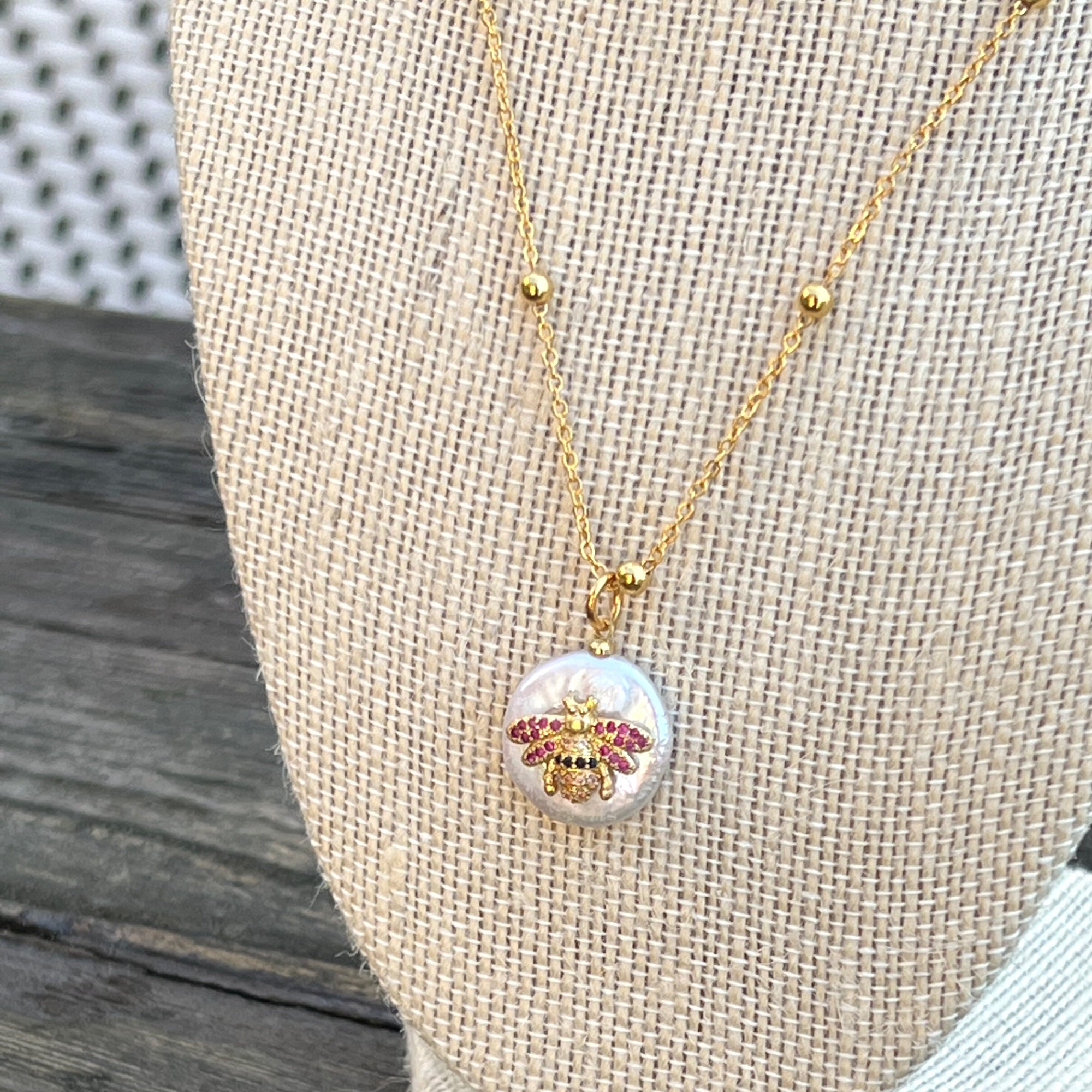 Freshwater Pearl Micro Pave Bumble Bee Pendant Charm on Gold Plated ...