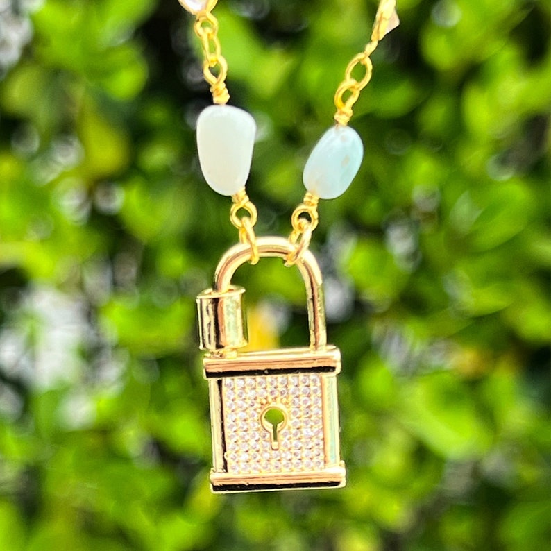 Pave Carabiner Pad Lock Gold Plated Pendant on 18" Labradorite Gemstone ...