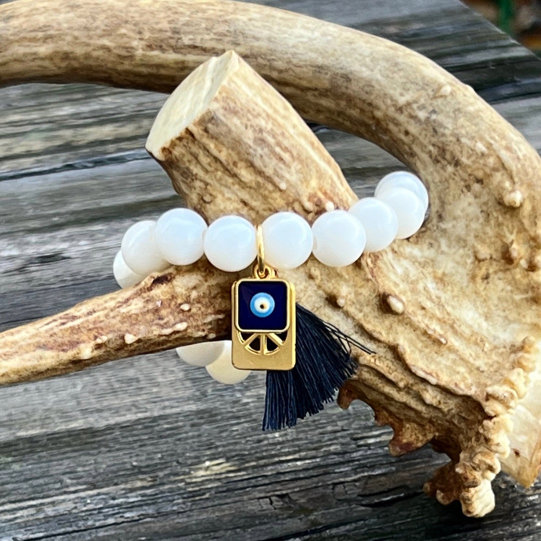 Evil Eye Peace Sign Protection 22k Matte Gold Plated Charm White Shell ...