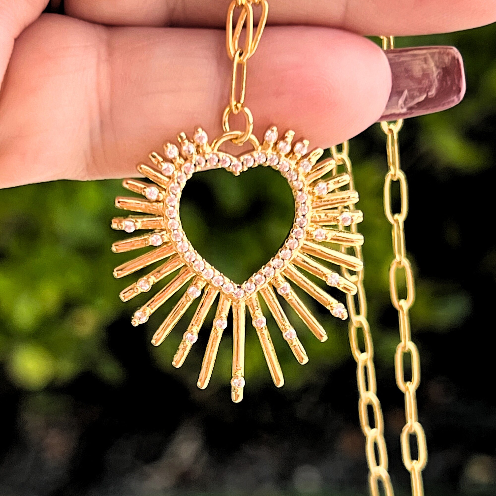CZ Heart Sun Ray Spiked Sunburst Pendant on Gold Plated Paperclip Chain ...