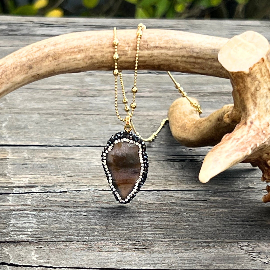 Rhinestone Encrusted Rock Pendant on Gold Plated Chain Necklace - Etsy