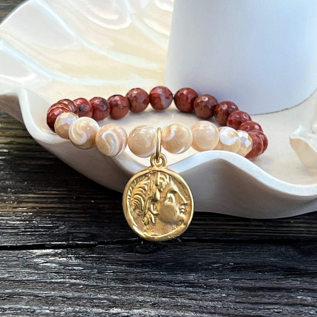 Greek Coin Bracelet: Matte Gold, Red Jasper & Mother of Pearl - Etsy