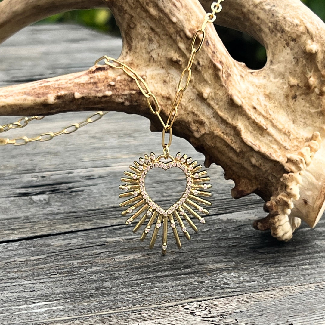 CZ Heart Sun Ray Spiked Sunburst Pendant on Gold Plated Paperclip Chain ...