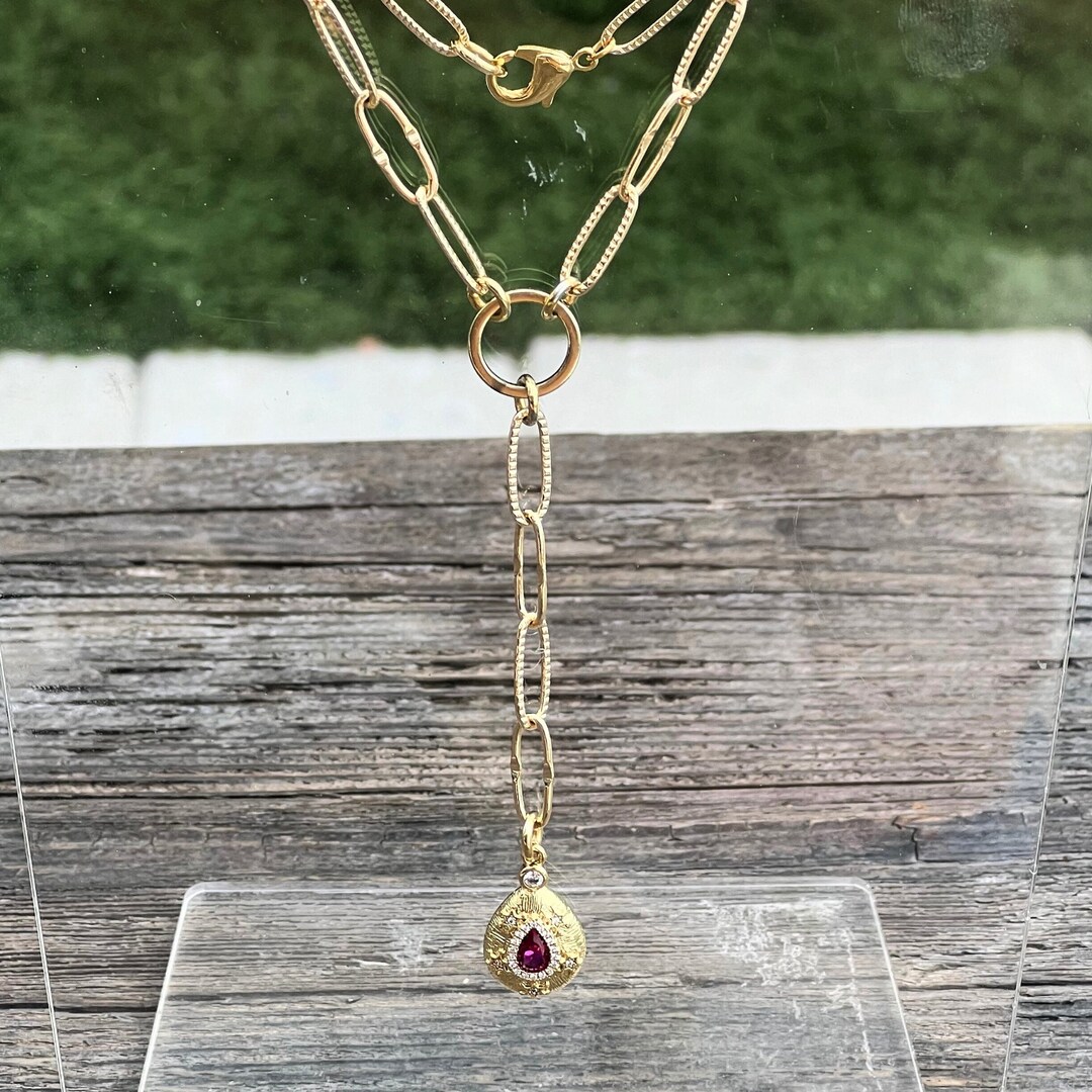 Romantic Vintage Look Fuchsia Stone Pendant on Gold Filled Paperclip ...