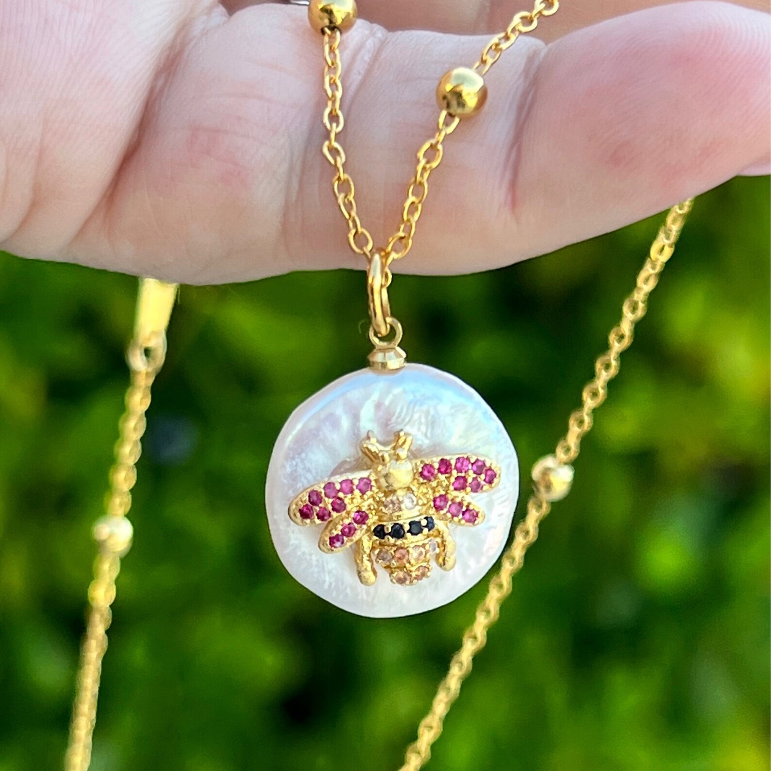 Freshwater Pearl Micro Pave Bumble Bee Pendant Charm on Gold Plated ...
