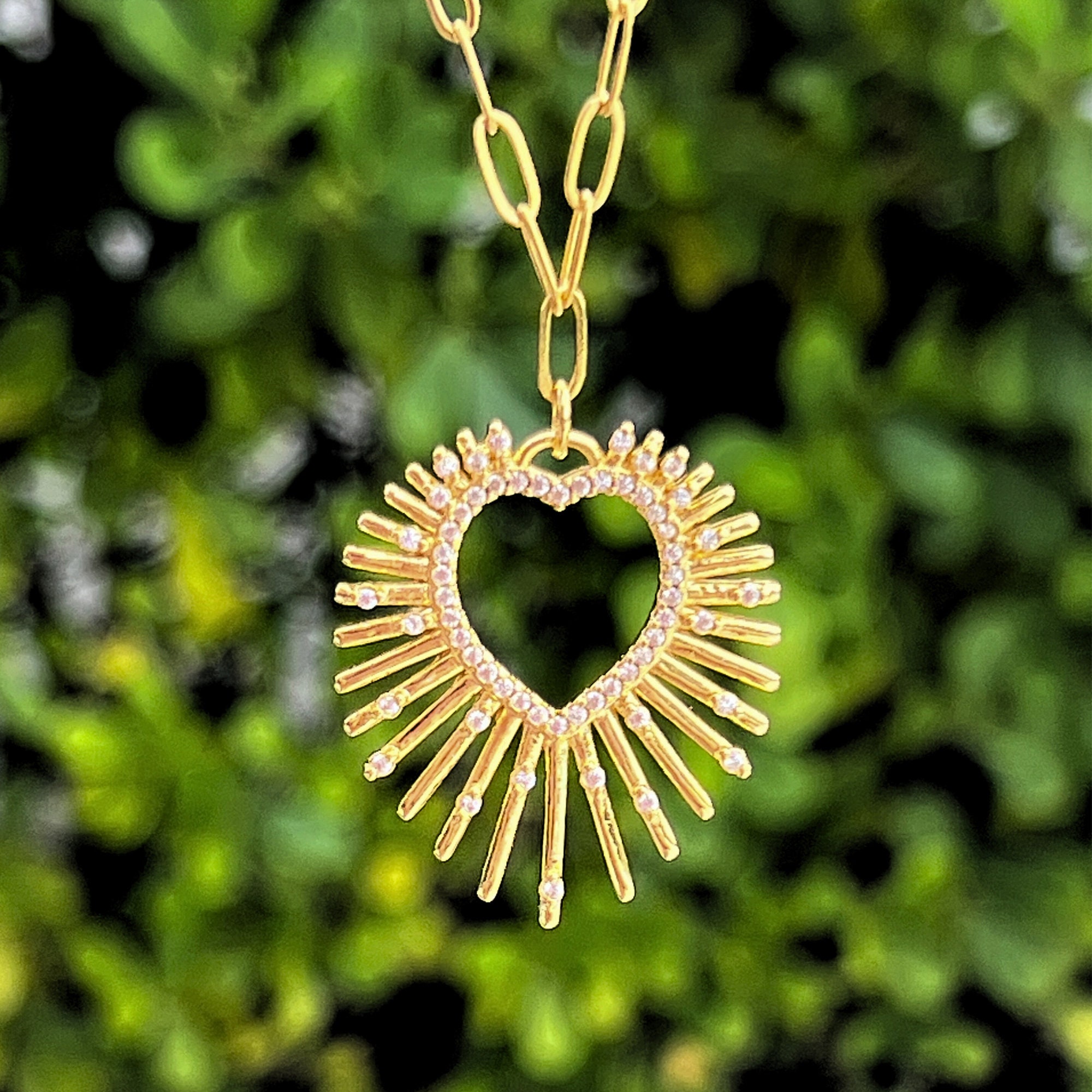 CZ Heart Sun Ray Spiked Sunburst Pendant on Gold Plated Paperclip Chain ...