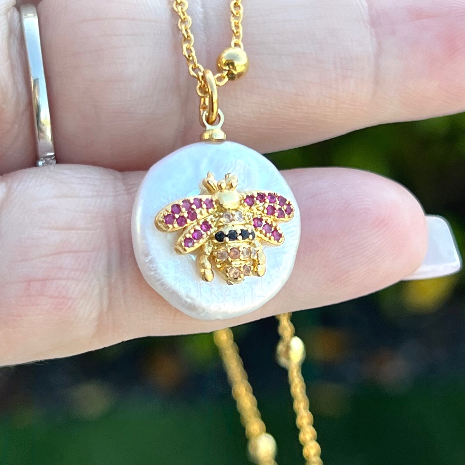 Freshwater Pearl Micro Pave Bumble Bee Pendant Charm on Gold Plated ...