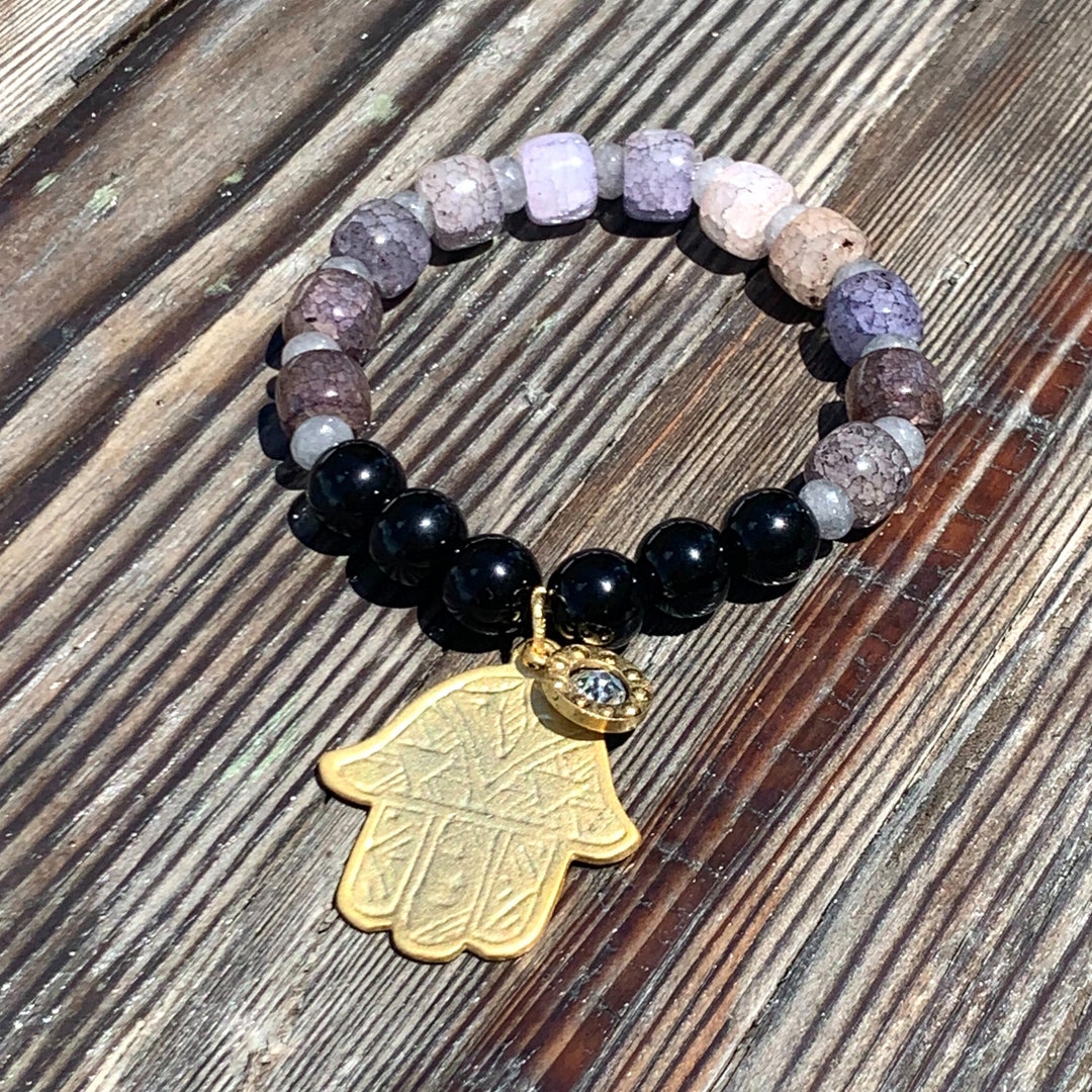 22k Gold Hamsa Hand Charm Bracelet: Black Glass Beads, Agate Spacers - Etsy