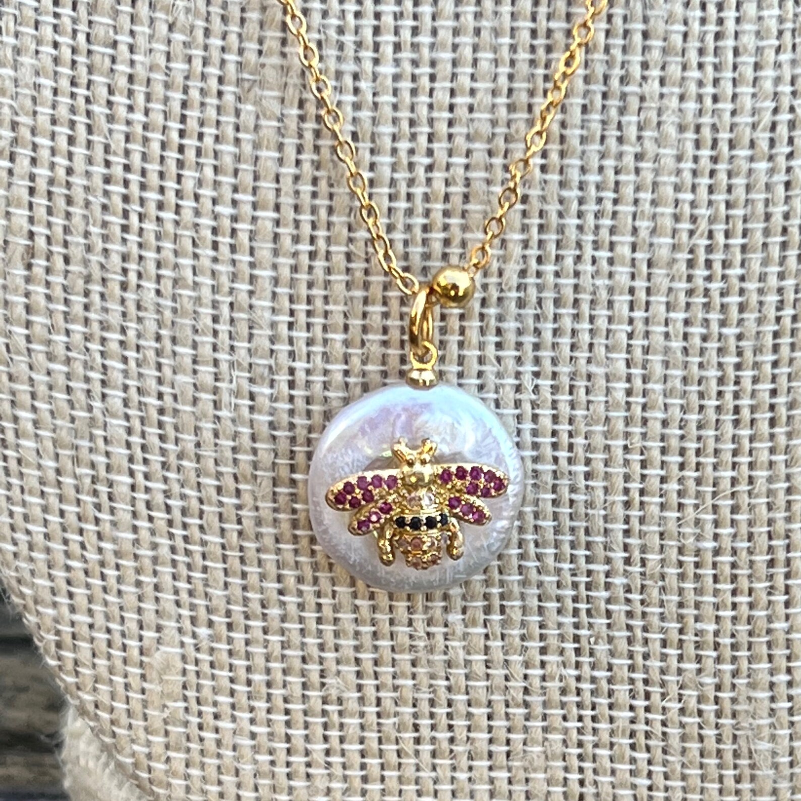 Freshwater Pearl Micro Pave Bumble Bee Pendant Charm on Gold Plated ...