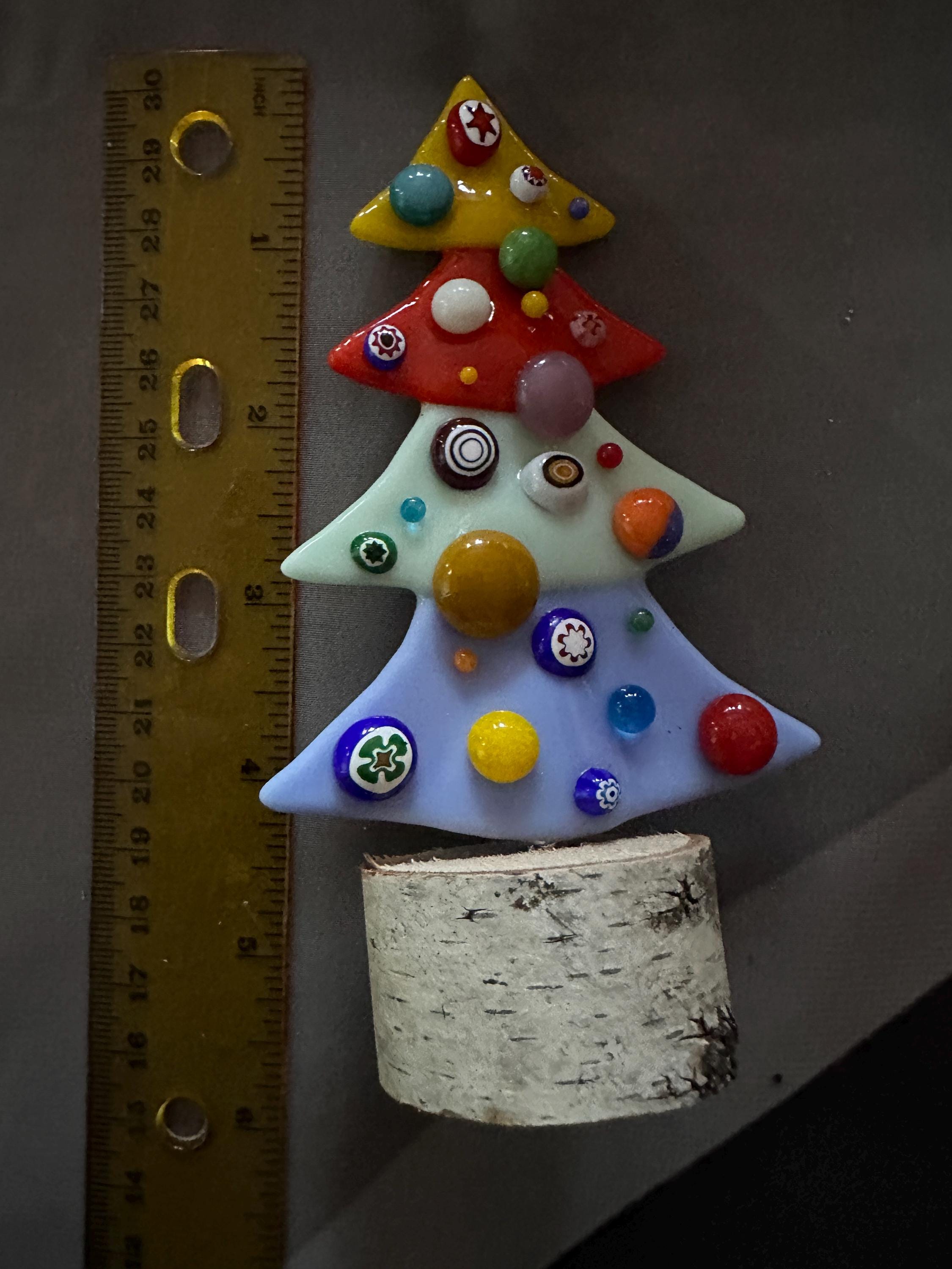 Funny Fused Glass Christmas Tree Table Top on Natural Wood Birch Bases ...