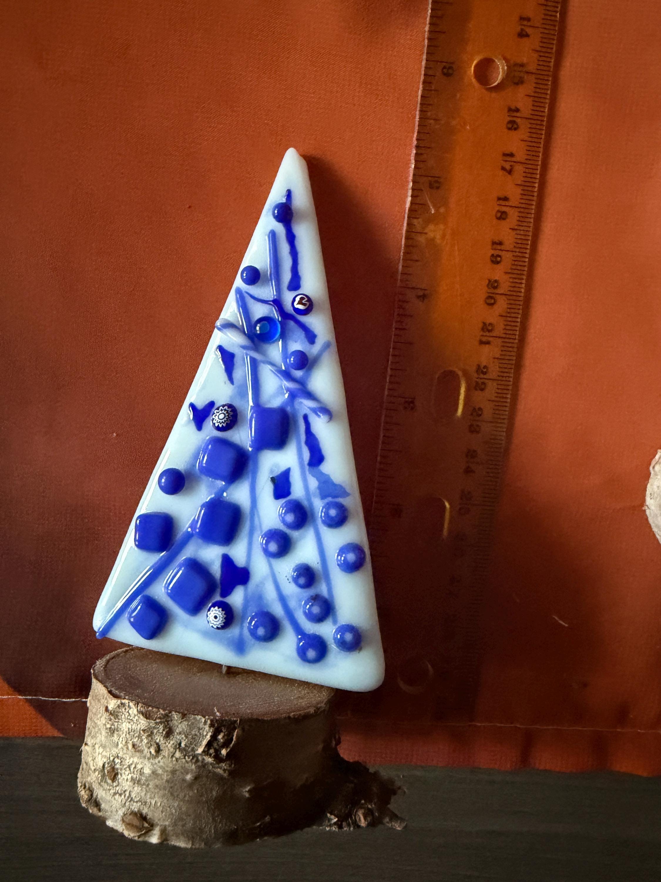 Funny Fused Glass Christmas Tree Table Top on Natural Wood Birch Bases ...