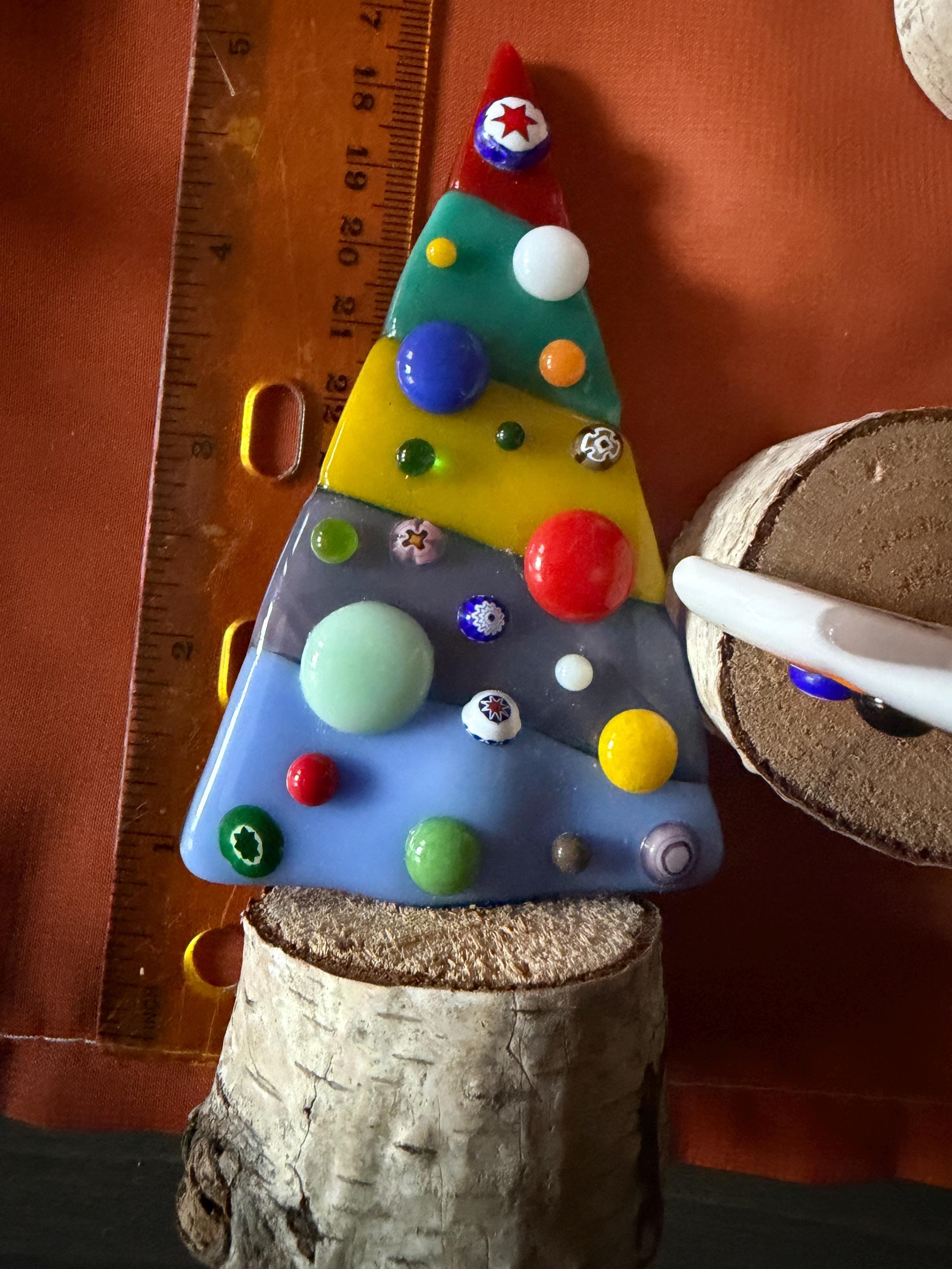 Funny Fused Glass Christmas Tree Table Top on Natural Wood Birch Bases ...