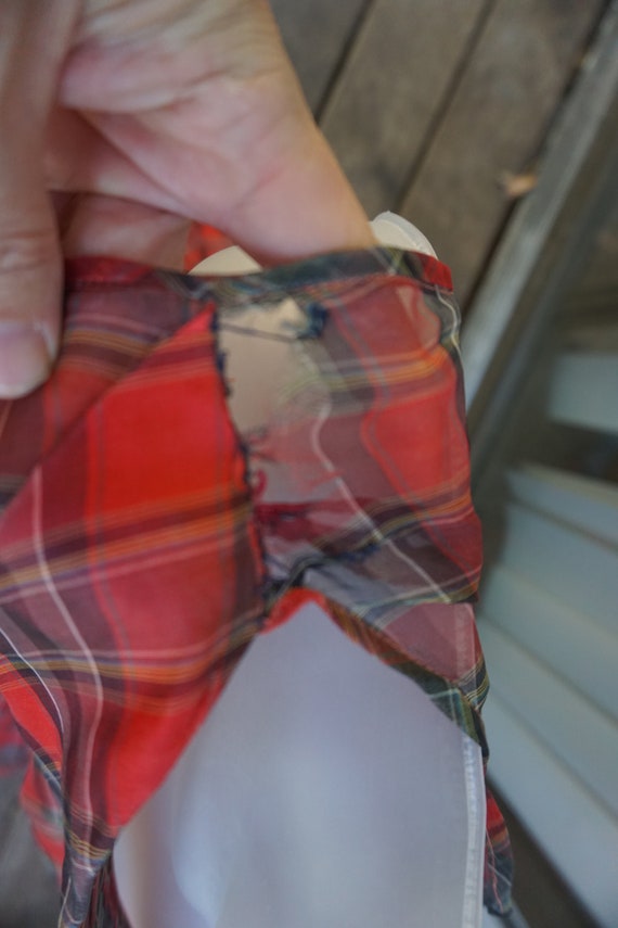 DAMAGED Vintage 50s 1950s sheer overlay plaid red dre… - Gem