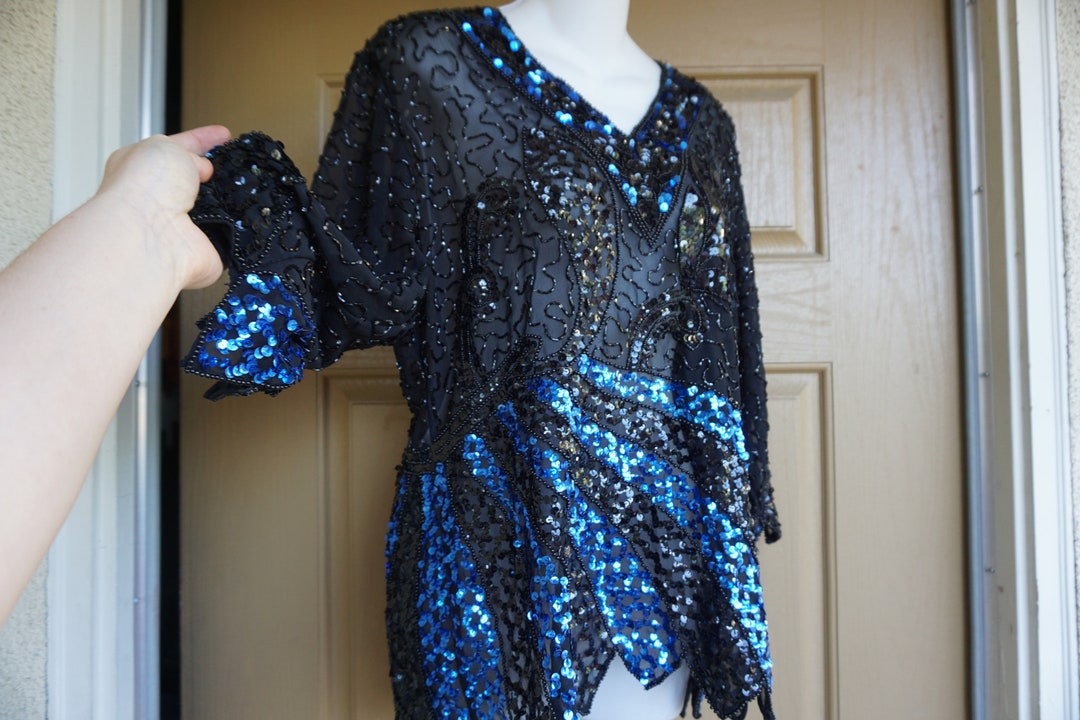Vintage Size L Large Sheer Blue and Black Beaded Sequined Blouse ...