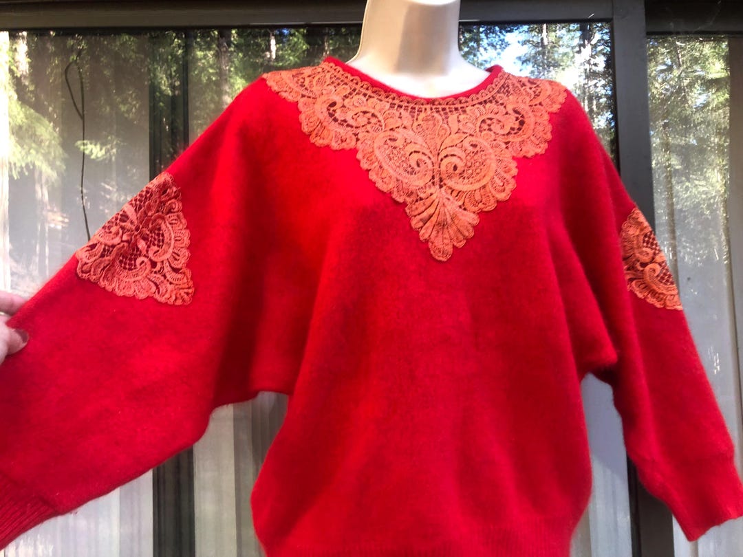 ANGORA Vintage 90s Lace Orangeish Red Angora Knit Sweater Size L - Etsy