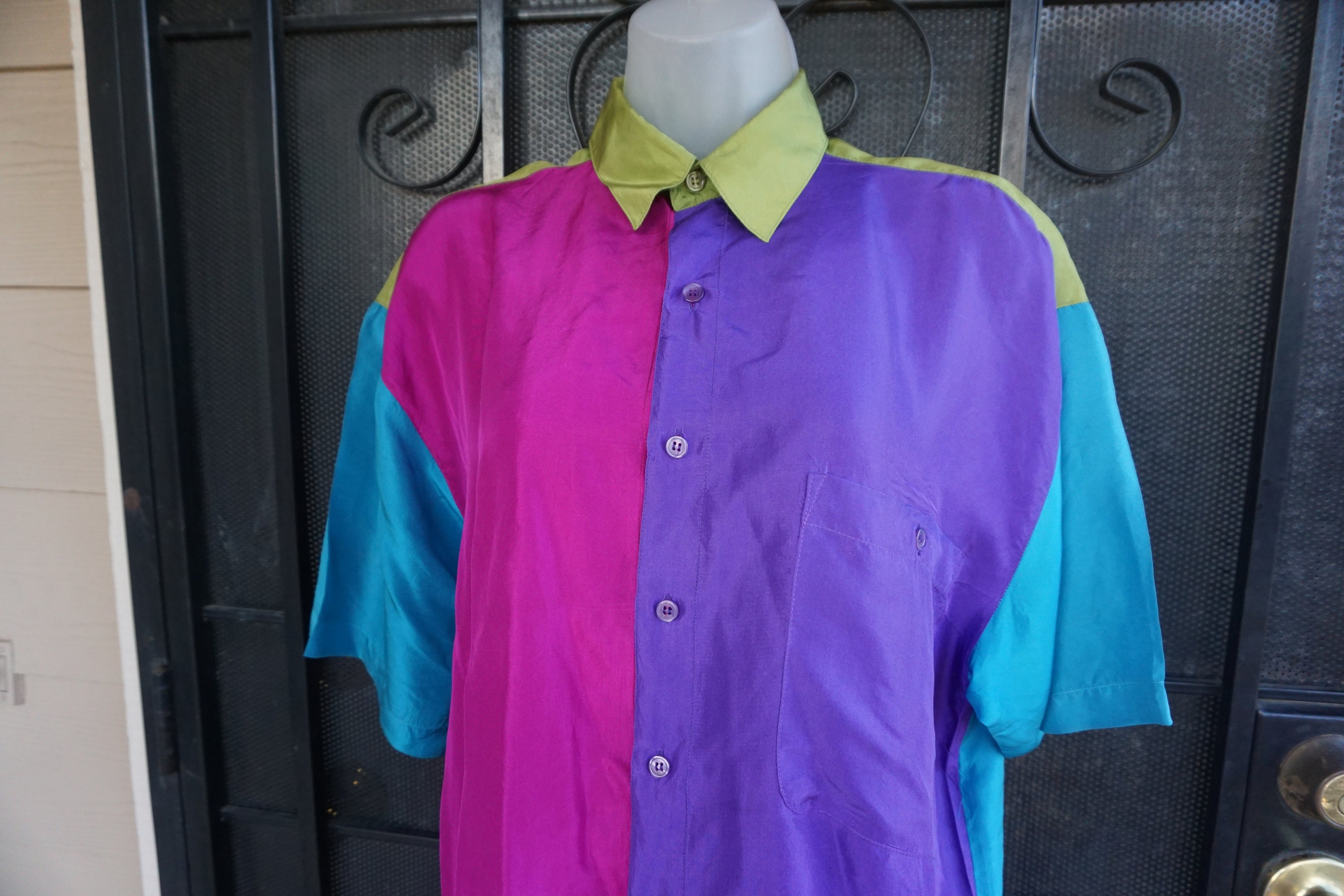 bringinitbackvintage Mens Silk The Sharper Image Vintage Colorblock Button Up Shirt Color Block 1990s Size S Small