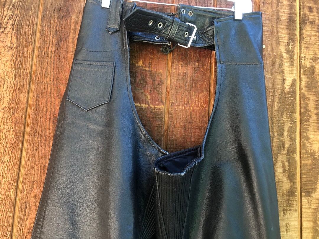 Vintage 80s Black Leather Chaps Size 10 Biker Motorcycle Riding Pants ...