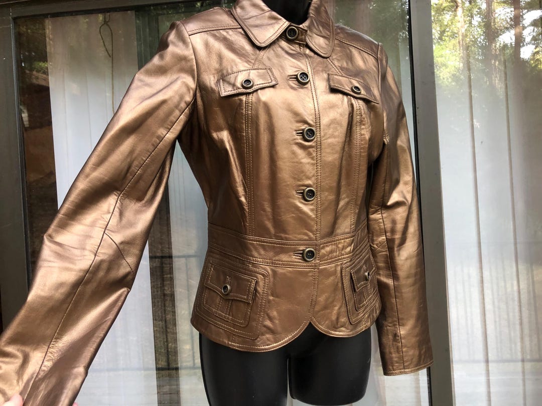 Vintage 90s Golden Metallic Leather Jacket Size 8 by Cache Clothing ...
