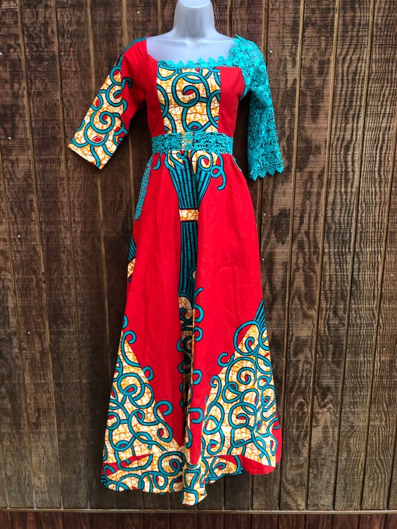 Hand made maxi dress 70s inspired small red and blue - Gem