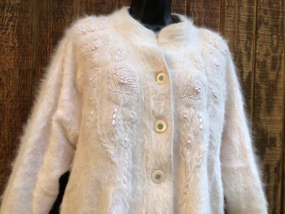 Vintage Pink Angora Blend Sweater Jacket Size L Large Beaded Faux Pearl ...