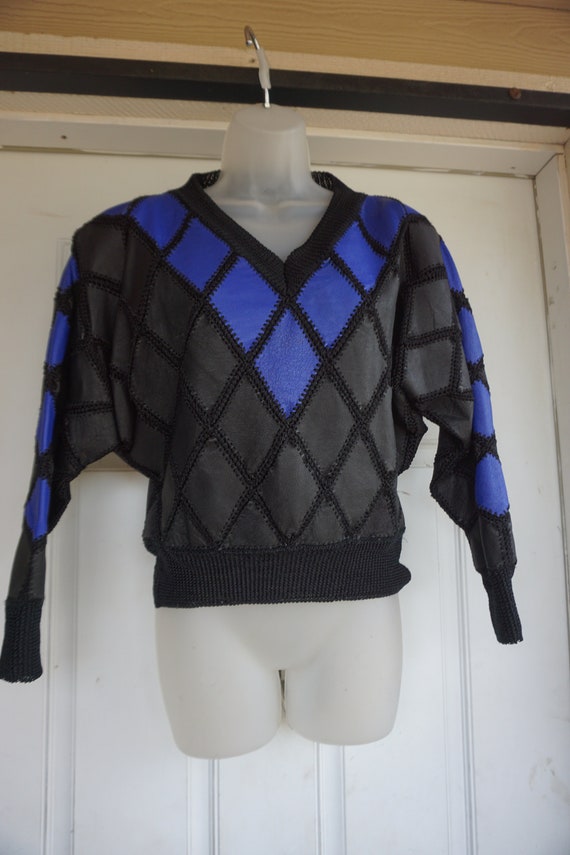 vintage blue and black leather crochet patchwork batw… - Gem