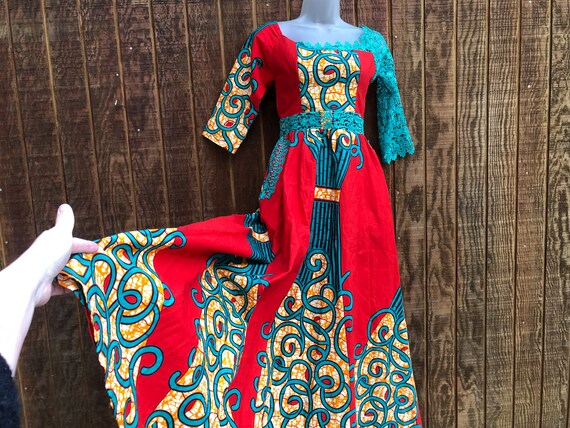 Hand made maxi dress 70s inspired small red and blue - Gem