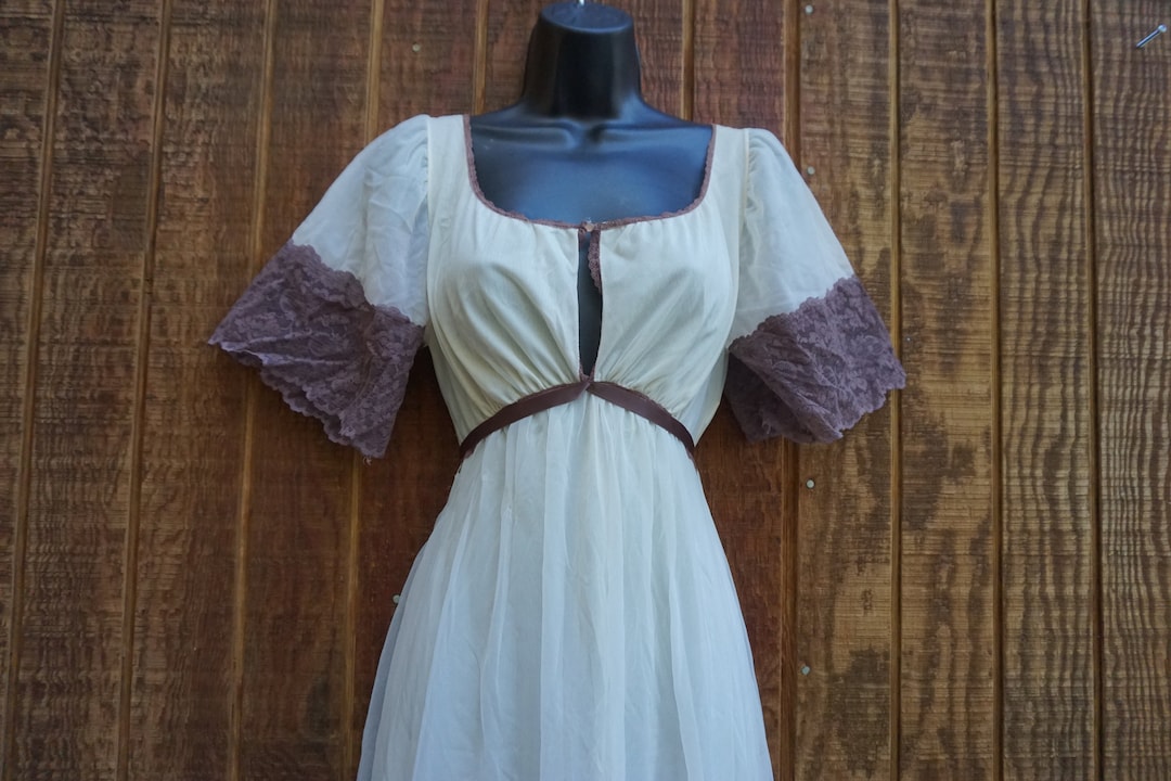 Vintage Beige and Brown Sheer Lingerie Nightgown With Keyhole Neckline ...