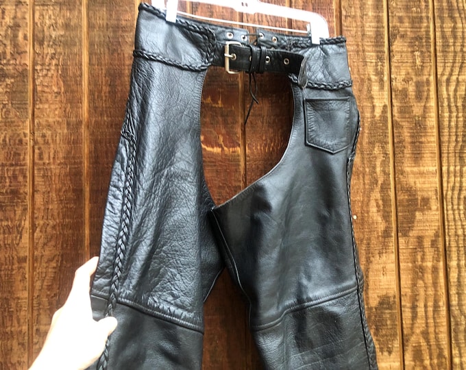 Vintage Unik Black Leather Chaps Size Medium Biker Motorcycle Riding ...