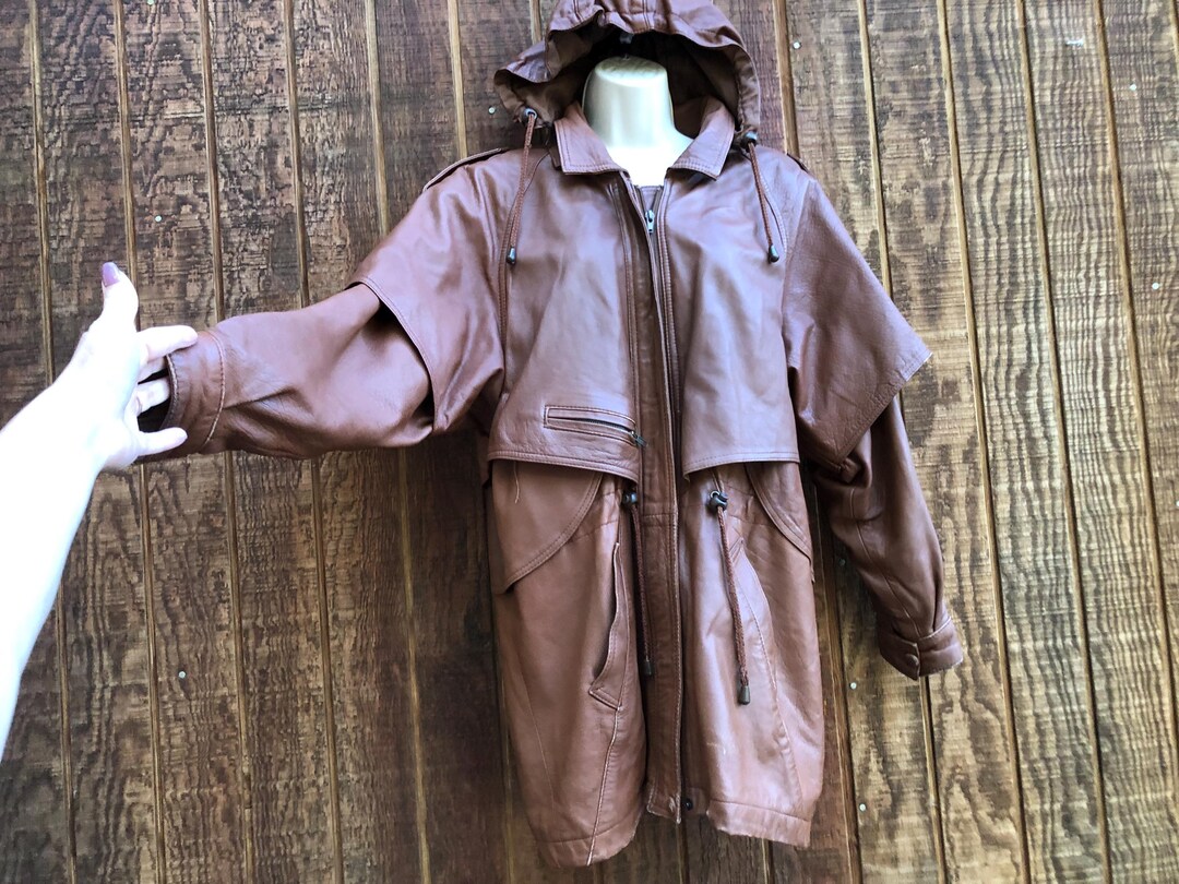 Hooded Brown Leather Jacket With Hood and Tie Waist Vintage Leather ...