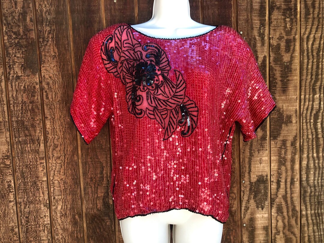 Vintage 90s Red Sequin Top // Small // 1990s Silk Sparkly Party Wear ...