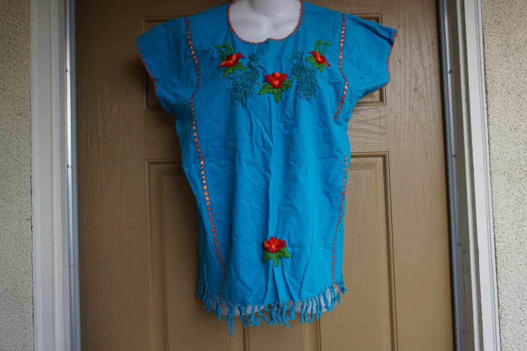 Peasant Hippie Boho Mexican Oaxacan Embroidered Floral Blue - Etsy