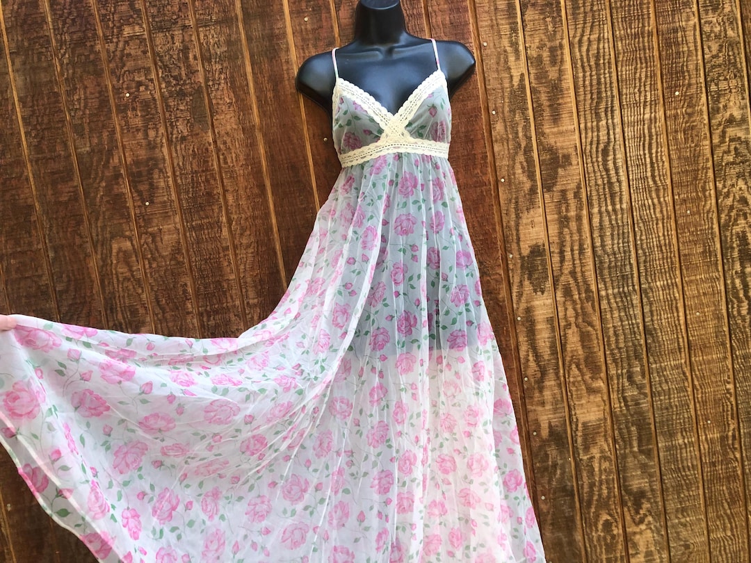 Vintage Pastel Pink Floral Ultra Sheer Nightgown Romantic Lace Labeled ...